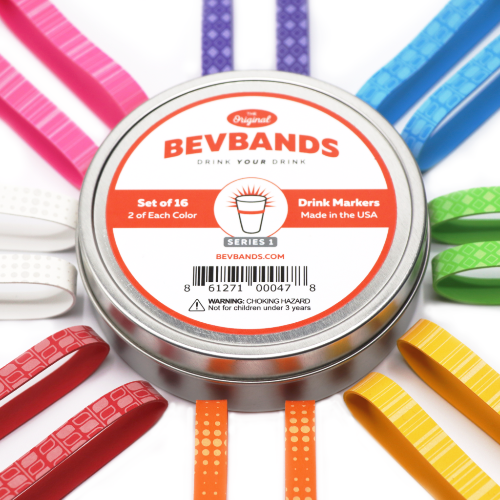 Set 16 Drink Markers in Reusable Tin & 30 Clings | BevBands